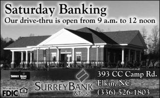 Saturday Banking, Surrey Bank & Trust, Elkin, NC
